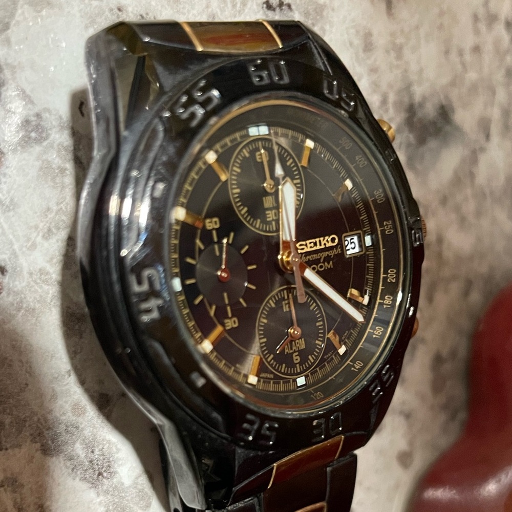 Vintage Seiko Chronograph Alarm 100m Blk Chrome/Gold … - Gem
